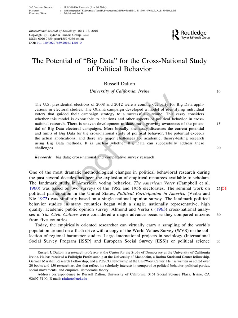 The Potential of Big Data for the Cross National Study of Political Behavior by Russel Dalton ...