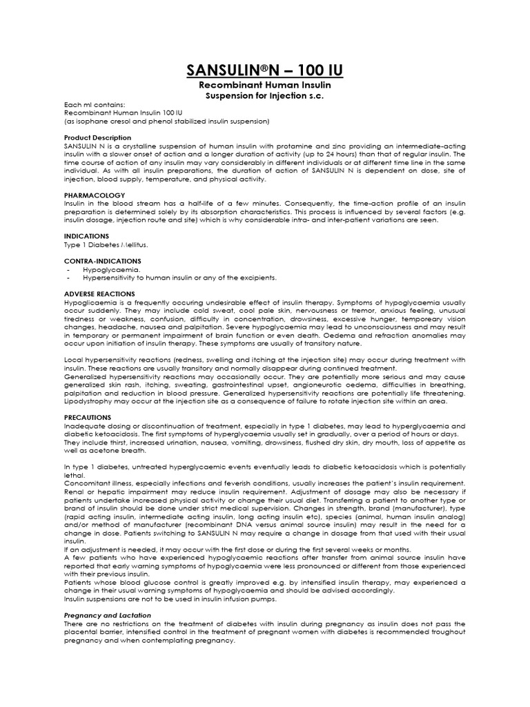 Sansulin N Suspensi Injeksi 100 IU, ML - Rekombinan Insulin Manusia ...