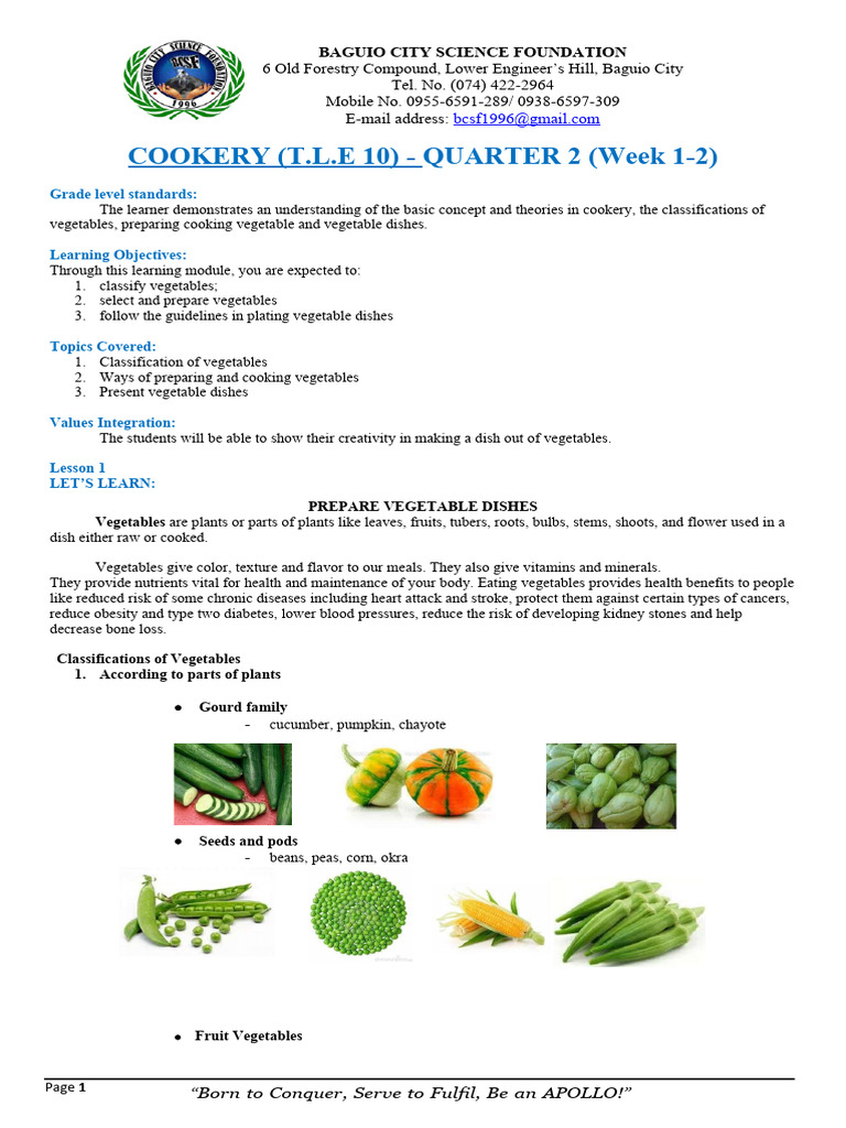 TLE 10 2nd Quarter Week 1 2 | PDF | Vegetables | Cooking