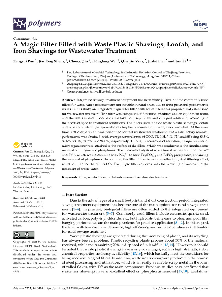 Polymers 14 01410 v2 | PDF | Sewage Treatment | Waste