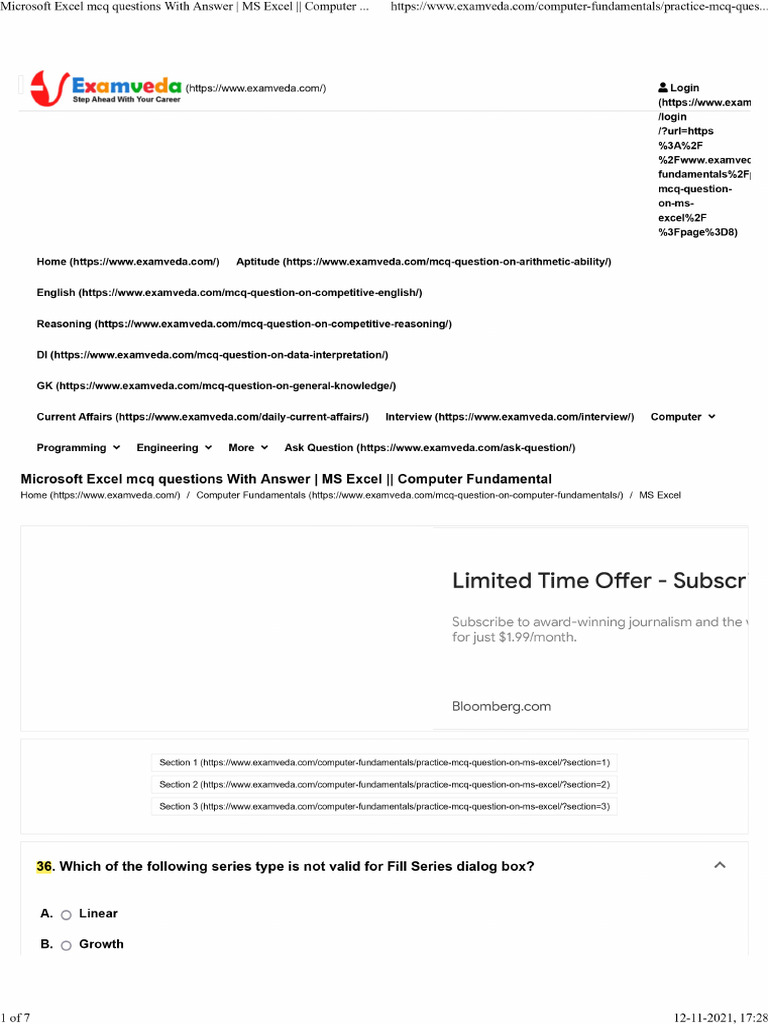 Microsoft Excel MCQ Questions With Answer - MS Excel - Computer Fundamental | PDF | Microsoft ...