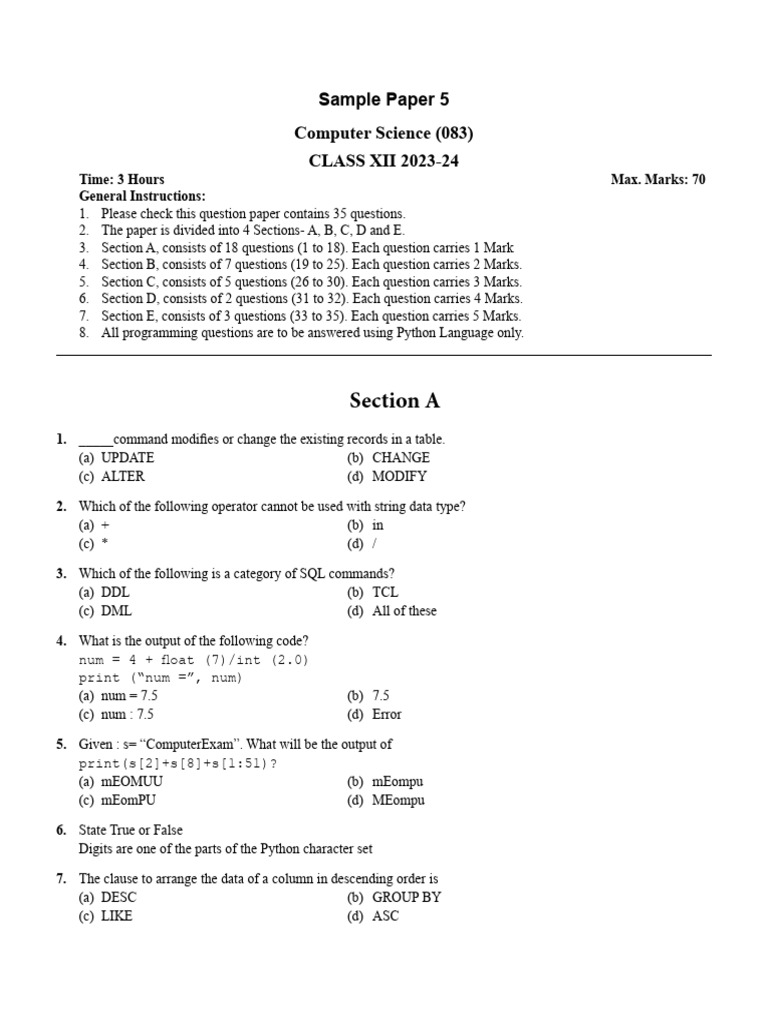 12 - CS - Set 05 - QP | Download Free PDF | Comma Separated Values | Computer Program