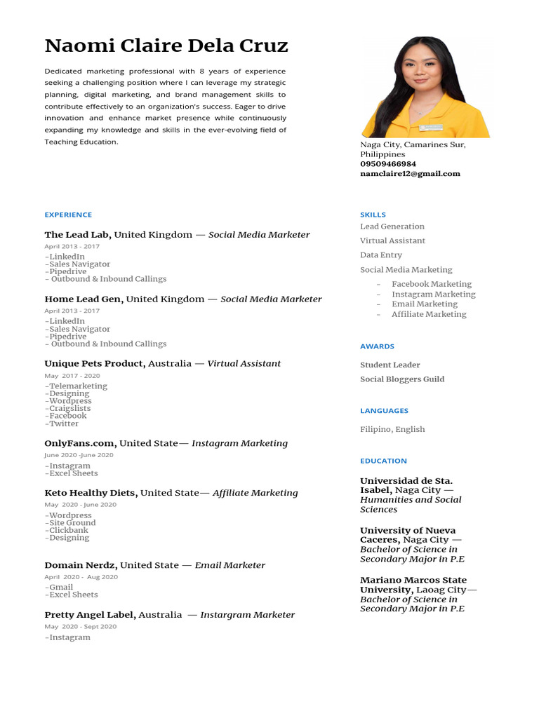 Resume Naomi Claire de La Cruz | PDF | Social Media Marketing | Mass Media
