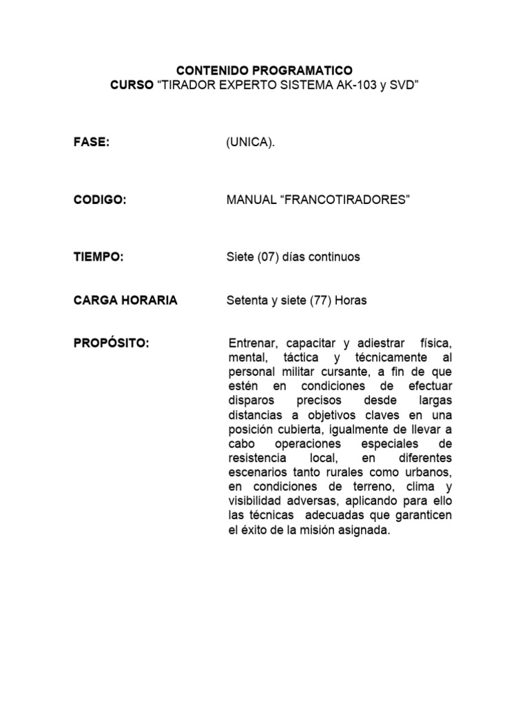 Contenido Programatico Francotirador | PDF | Francotirador | Armas de proyectiles