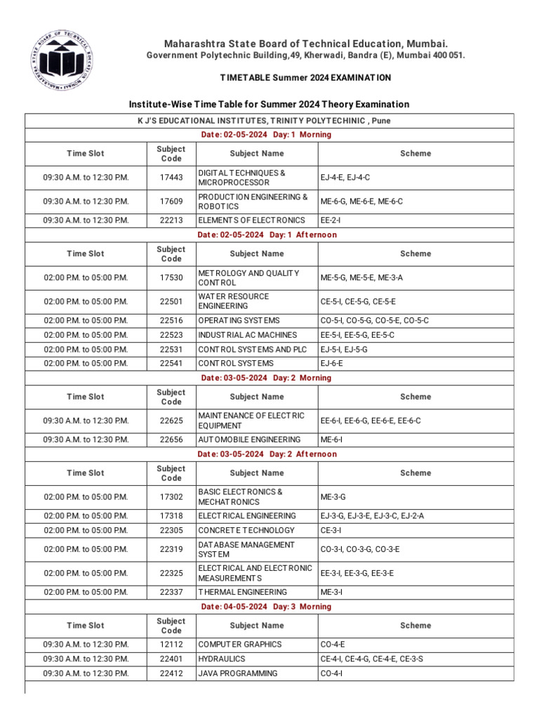 Polytechnic Exam Schedule 2024 | PDF | Physical Sciences | Engineering