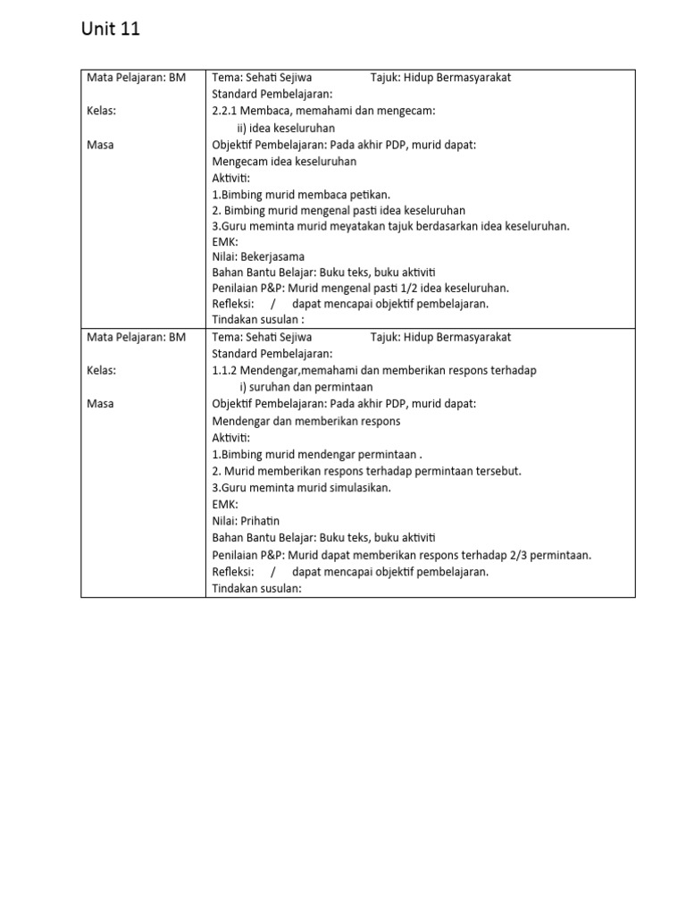 BM Tahun 1 Unit 11 | PDF