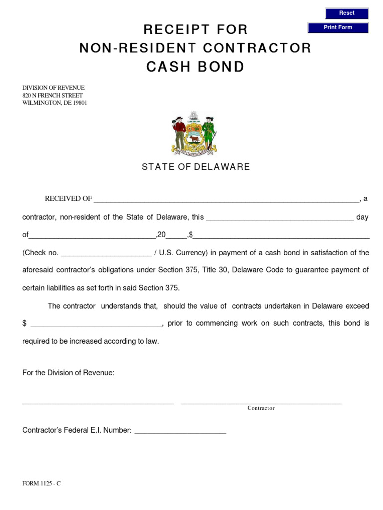 Delaware Cash Bond Receipt Template | PDF