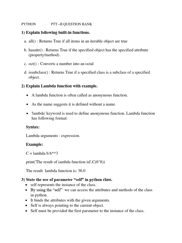 pythan-PTT II Question Bank With Answer 1 | PDF | Anonymous Function | Class (Computer Programming)