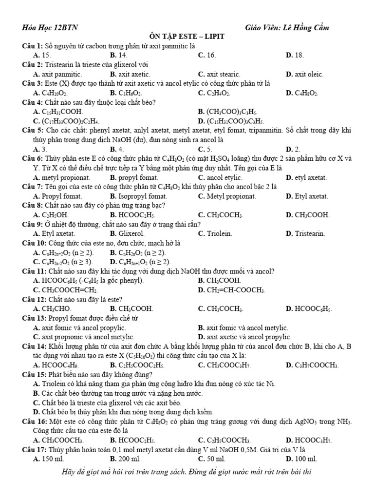 ÔN TẬP ESTE - LIPIT | PDF