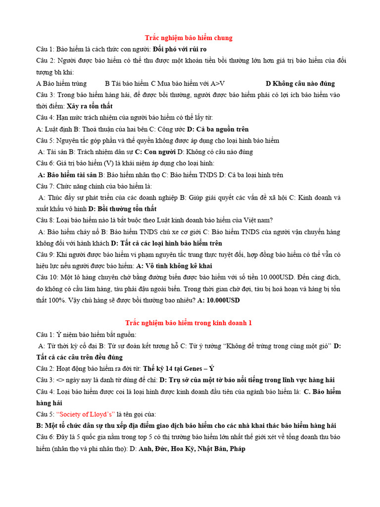 Trắc nghiệm BHHK | PDF