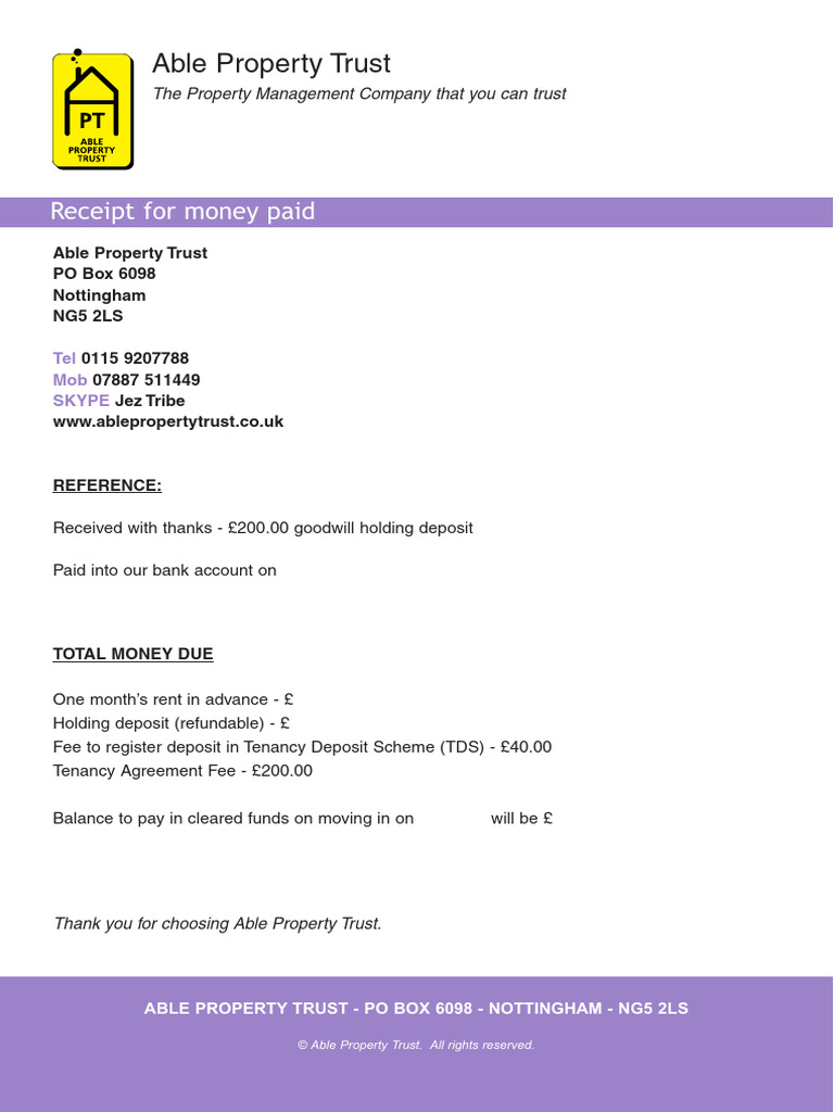 Receipt For Money Paid | PDF