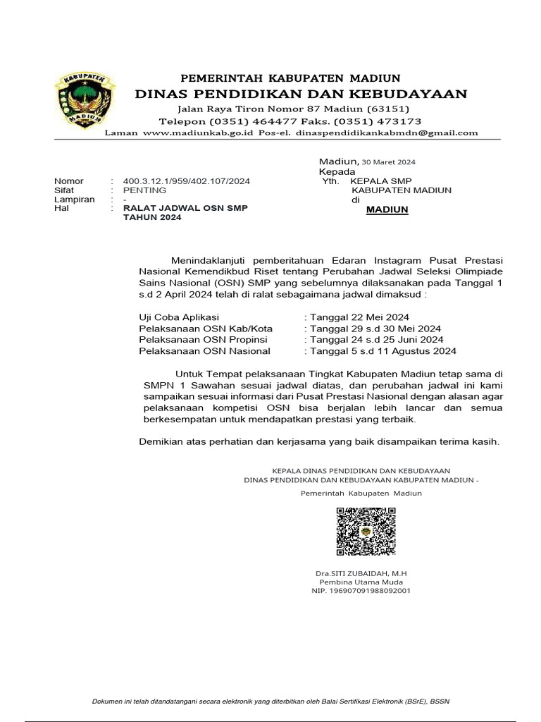 Surat Ralat Jadwal Osn SMP 2024 | PDF
