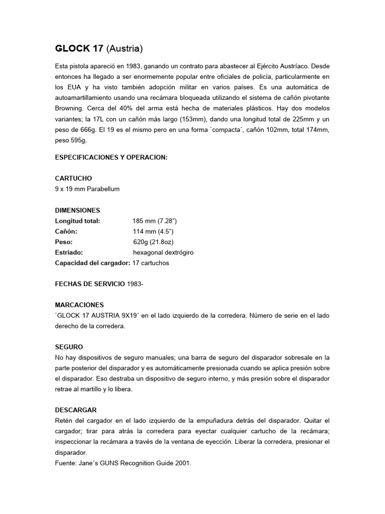 GLOCK 17: Detalles y Especificaciones | PDF | Pistola | Proyectiles