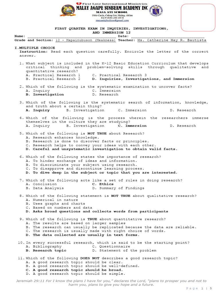 G12 First Quarter Exam in Inquiries 12 | PDF | Inquiry | Critical Thinking