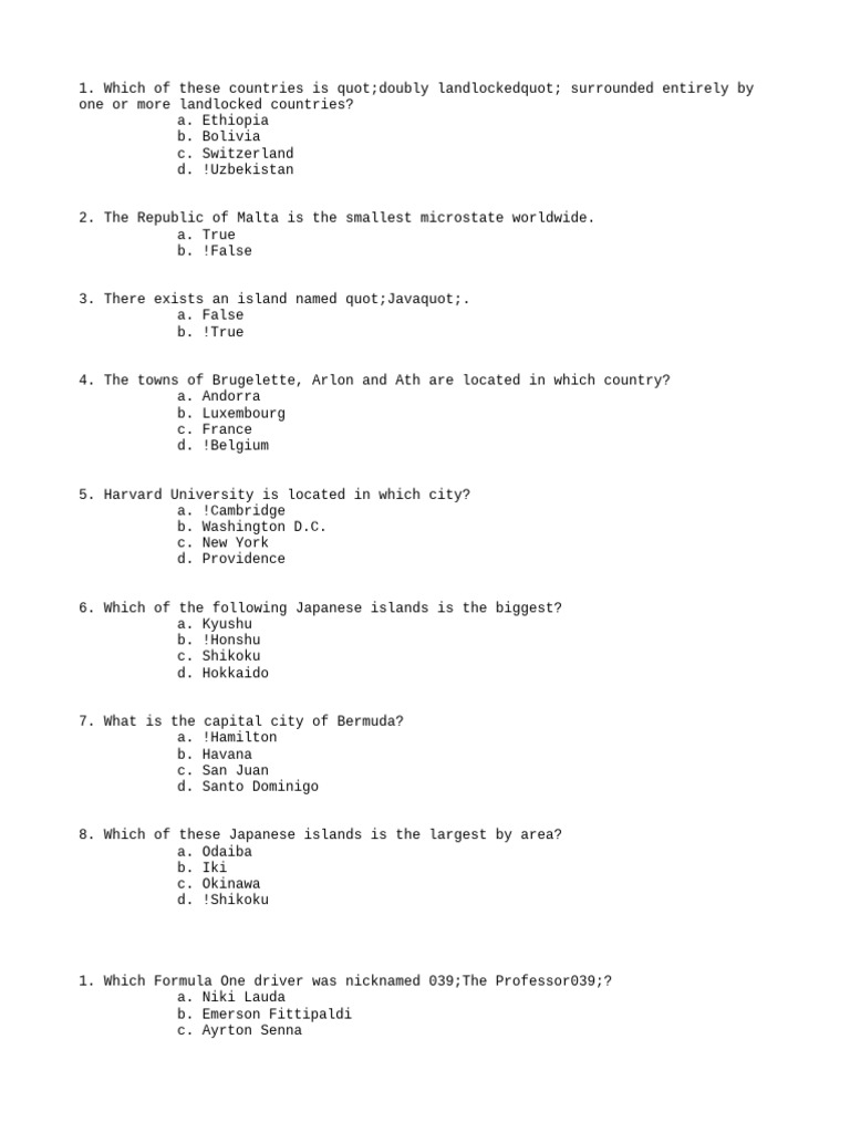 Quiz on Geography and Sports Facts | PDF | Motorsport | Auto Racing