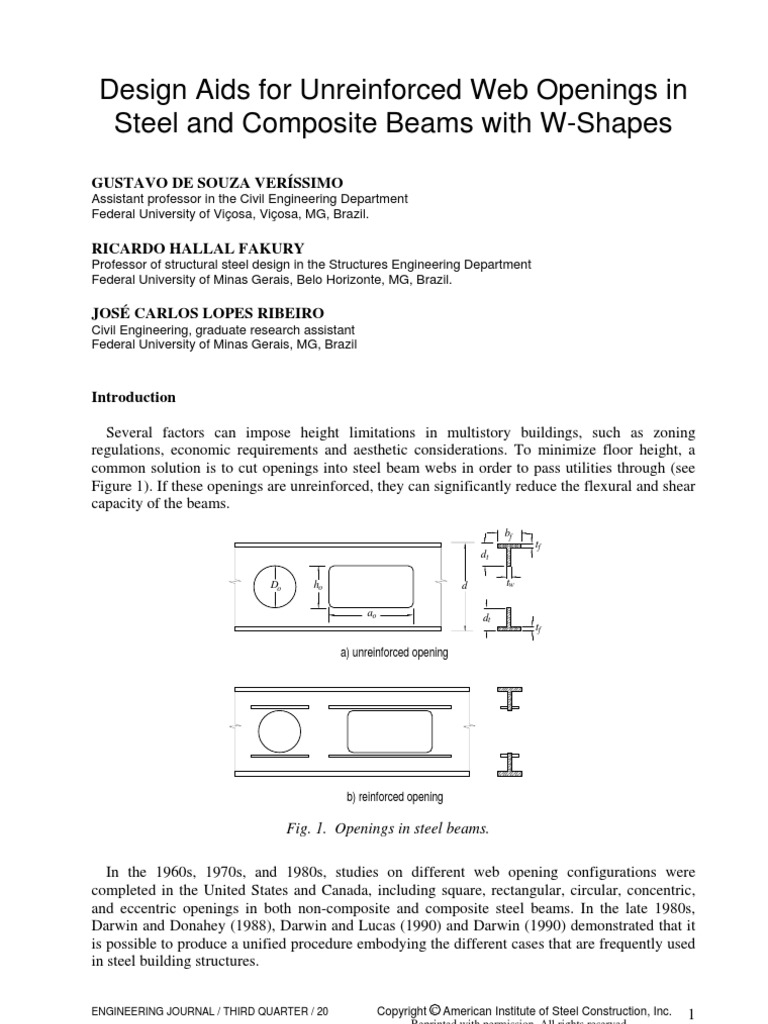 AISC-EJ Unreinforced Web Openings in Steel Beams | PDF | Strength Of ...