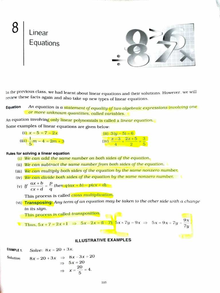 Class 8 Linear Equations Guide | PDF | Equations | Mathematical Objects