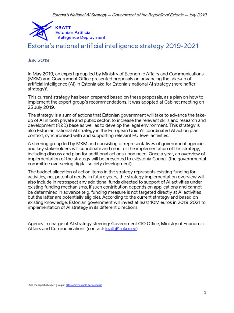 Estonia's National Artificial Intelligence Strategy 2019-2021 | PDF | Artificial Intelligence ...