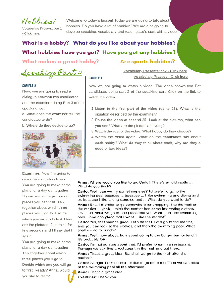 B1 PET for schools - Hobbies Vocabulary and modal verbs - Speaking Part ...