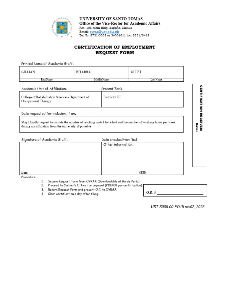 UST Certificate of Employment | PDF