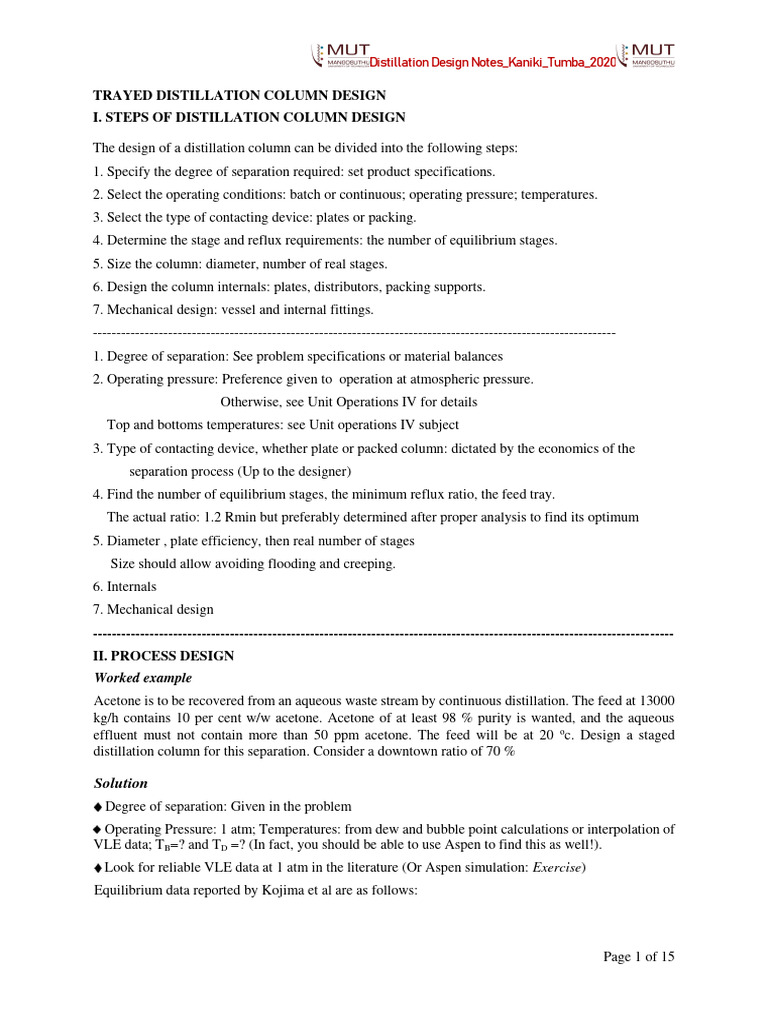 Distillation Column Design Steps Guide | PDF | Distillation | Chemical ...