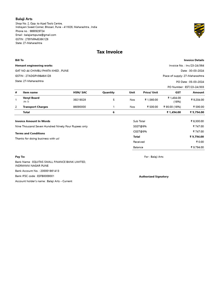 Tax Invoice - Inv 23-24 364 - 30 - 03 - 24 | PDF | Invoice | Trade