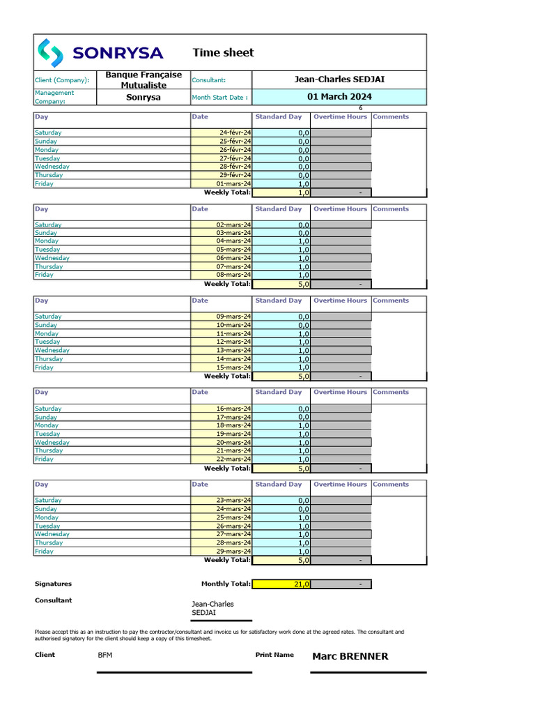 Timesheet Mars 2024 - Sonrysa - Jean-Charles SEDJAI | PDF | Overtime
