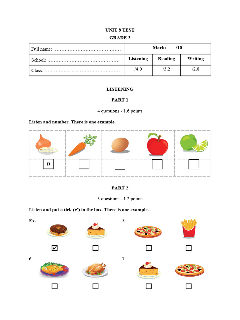 Grade 3 Unit 8 Test: Listening & Reading | PDF | Cuisine | Foods