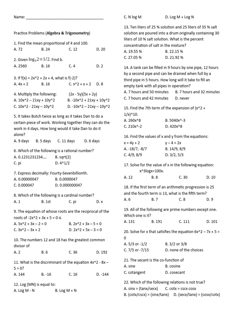 Practice Problems Algebra Trigo | PDF | Trigonometric Functions | Triangle