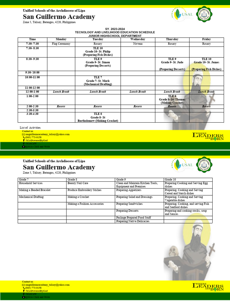 TLE LAB SCHED | PDF | Lunch | Cooking