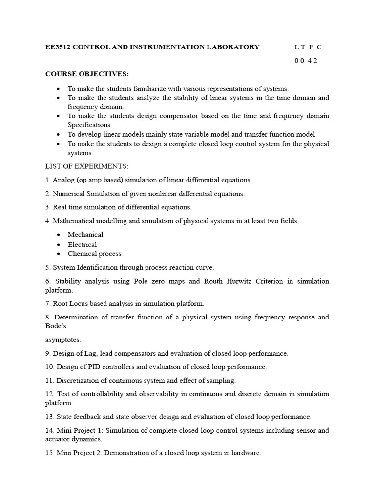 EE3512 Control Lab Manual Overview | PDF | Control Theory | Stability ...
