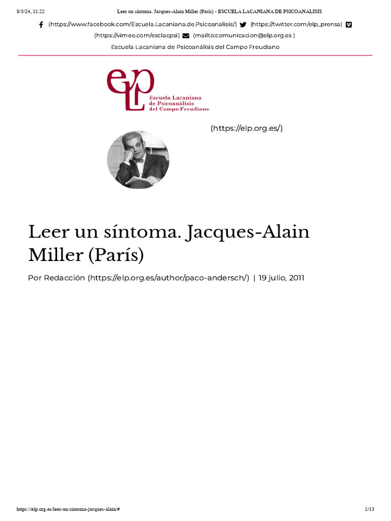 Leer Un Síntoma. Jacques-Alain Miller (París) - ESCUELA LACANIANA DE ...