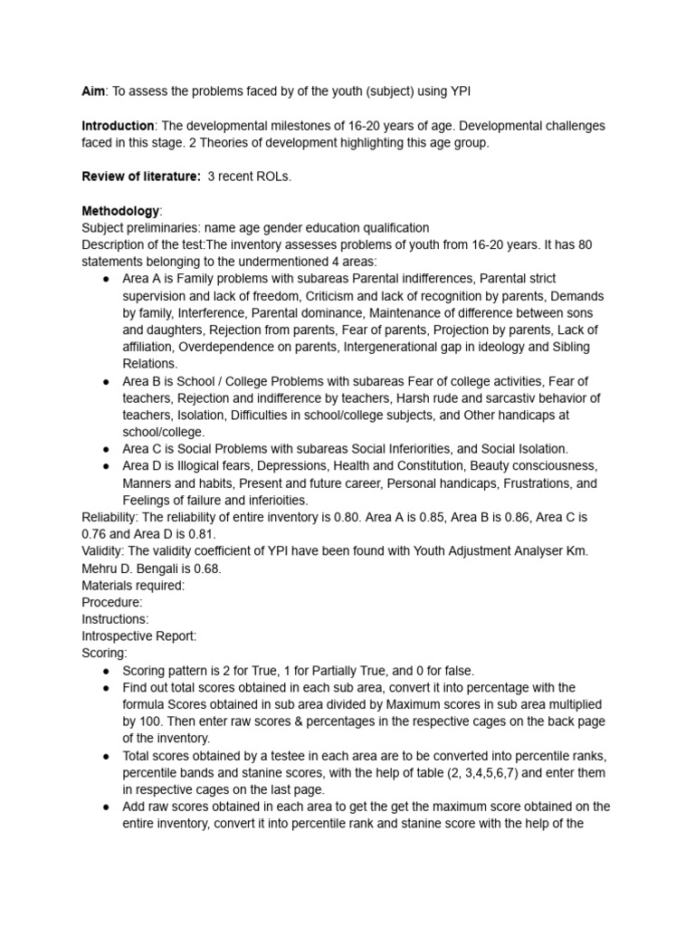 Youth Problem Inventory-1 | Download Free PDF | Percentile | Behavioural Sciences