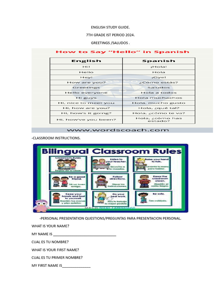 Guía de Estudio de Inglés 7° Grado | PDF | Plural | Sustantivo