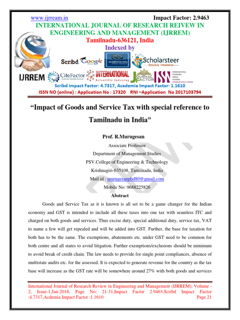Impact of Goods and Service Tax With Special Reference To Tamilnadu in ...