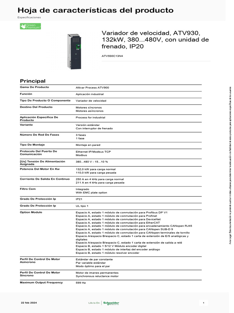 Variador ATV930 132kW 480V IP20 | PDF | Relé | Residuos