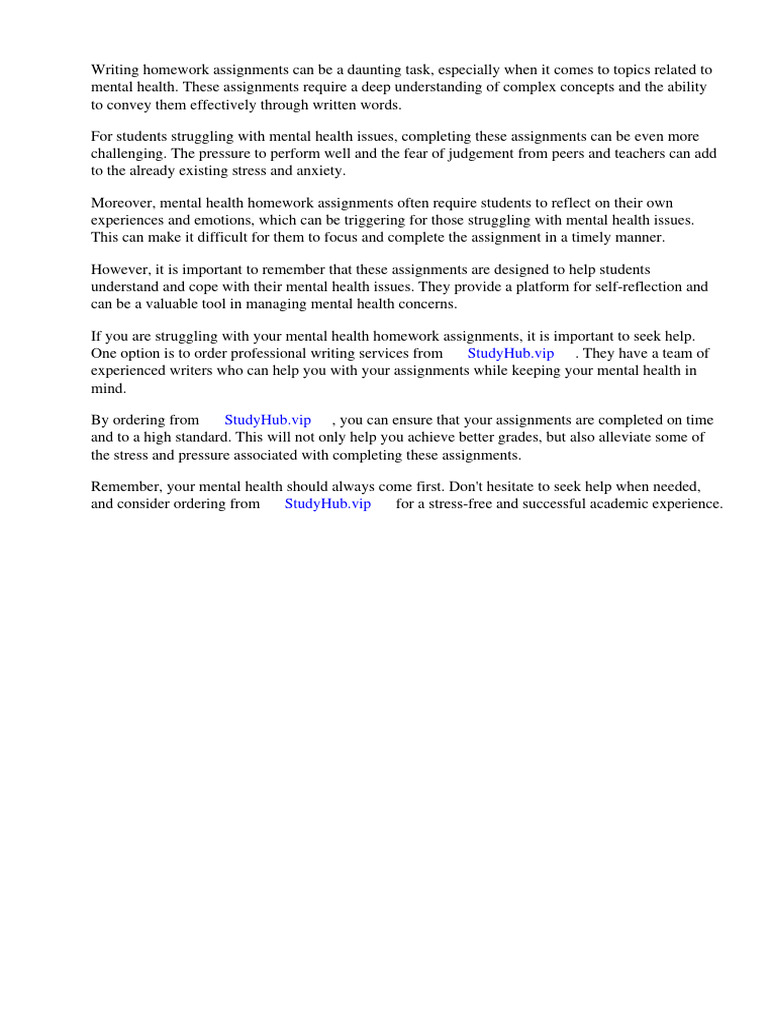 Mental Health Homework Assignments | PDF | Mental Disorder | Mental Health