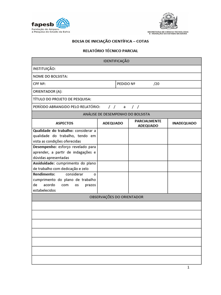 Modelo de Relatorio-Parcial-FAPESB | PDF