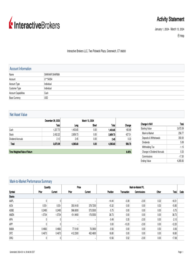 Activity Statement: Account Information | Download Free PDF | Interest ...
