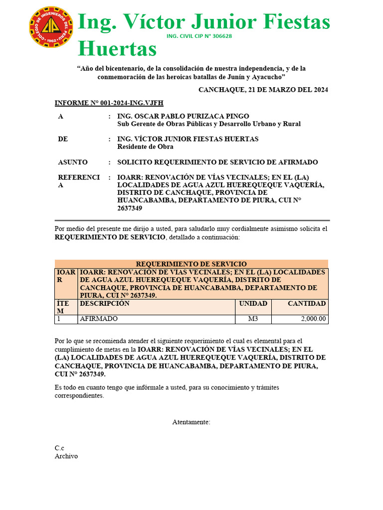 Informe #001-2024-Ing - VJFH | PDF