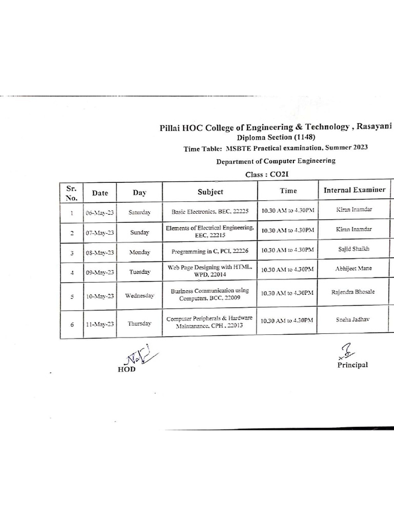 COMP Dept Practical Exam Timetable Summer 2023 | PDF