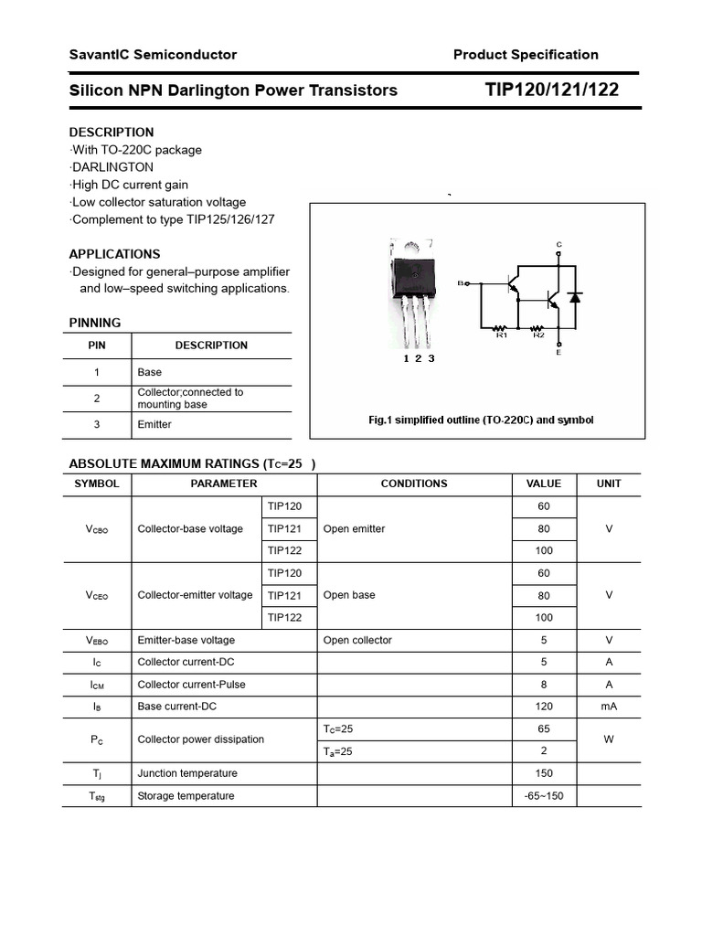 TIP120 Darlington Pair Datasheet | PDF | Bipolar Junction Transistor | Transistor