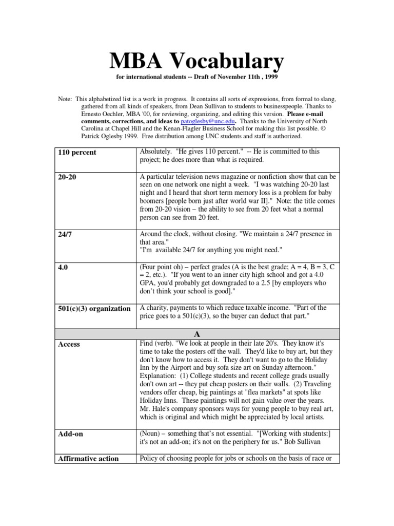 MBA Vocabulary 3 | PDF | Criticism | University Of North Carolina At ...