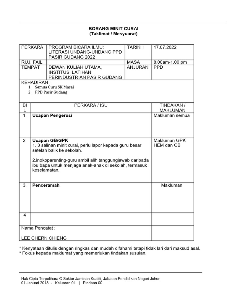 Borang Minit Curai HEM 2023 | PDF