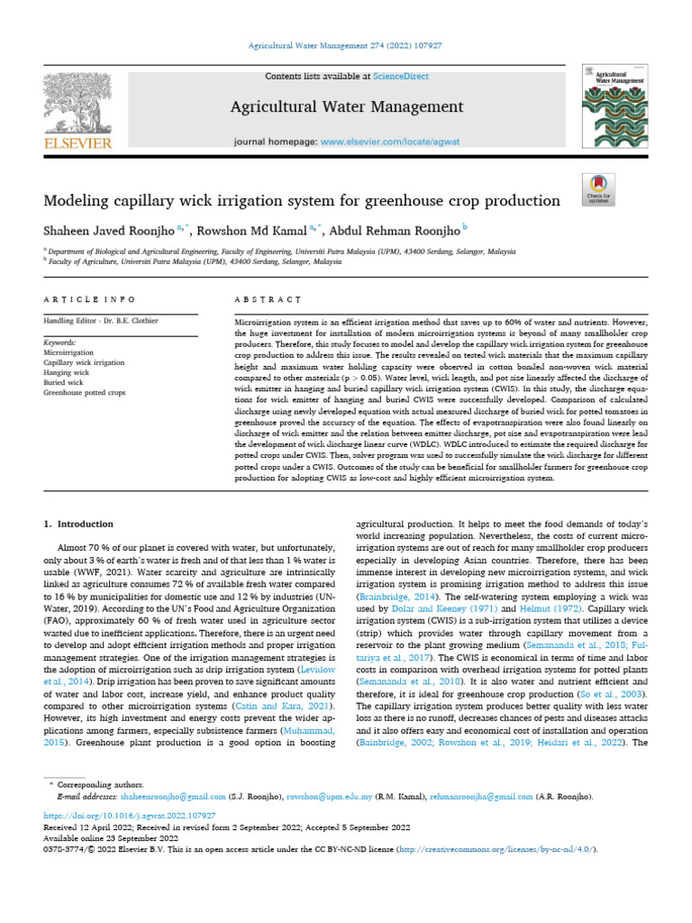 Modeling Capillary Wick Irrigation System For Greenhouse Crop ...