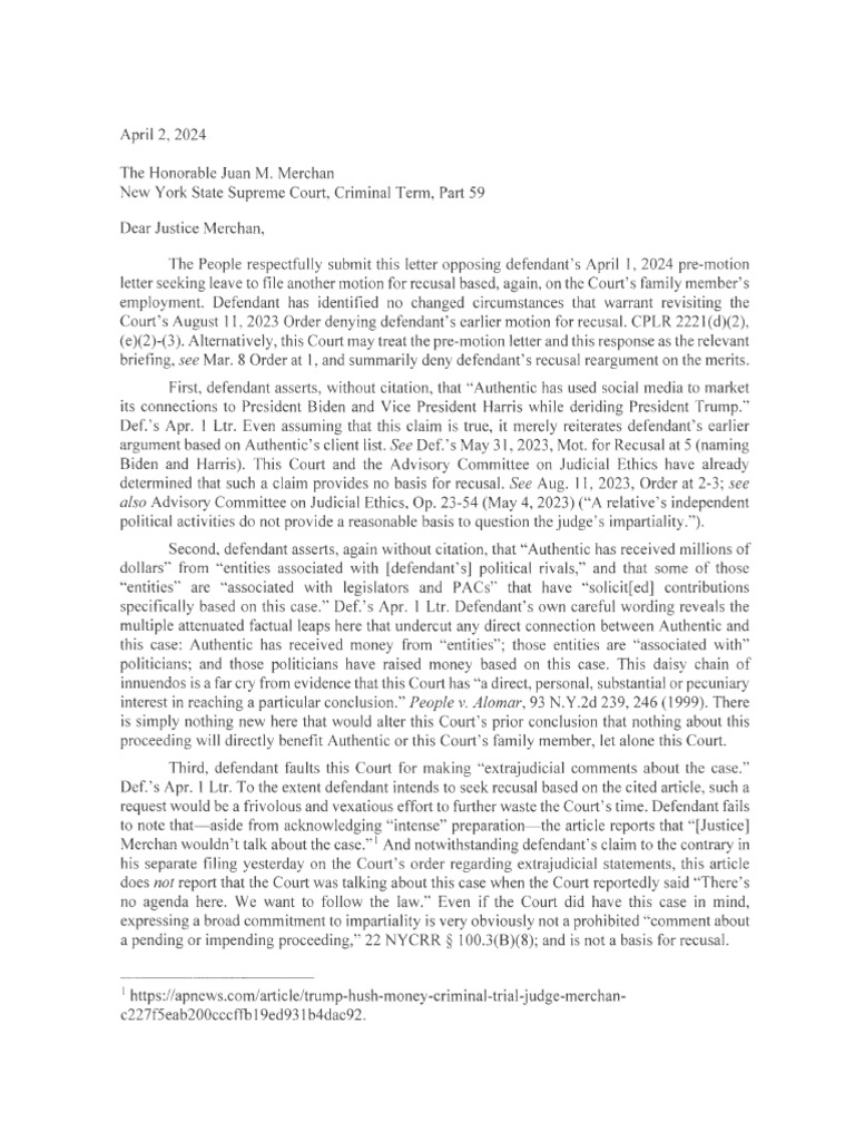 Bragg Pre-Motion Response To Trump Recusal Request | PDF