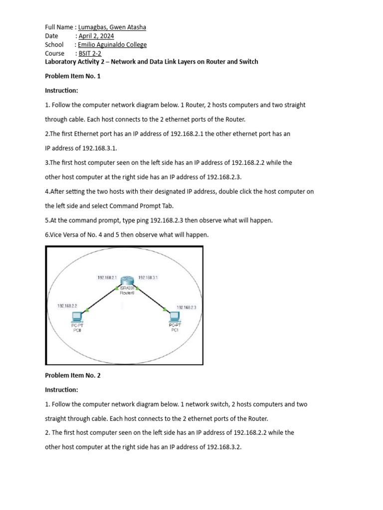 Laboratory Activity 2 Network and Data Link Layer On Router and Switch ... Laboratory Activity 2 Network and Data Link Layer On Router and Switch ...