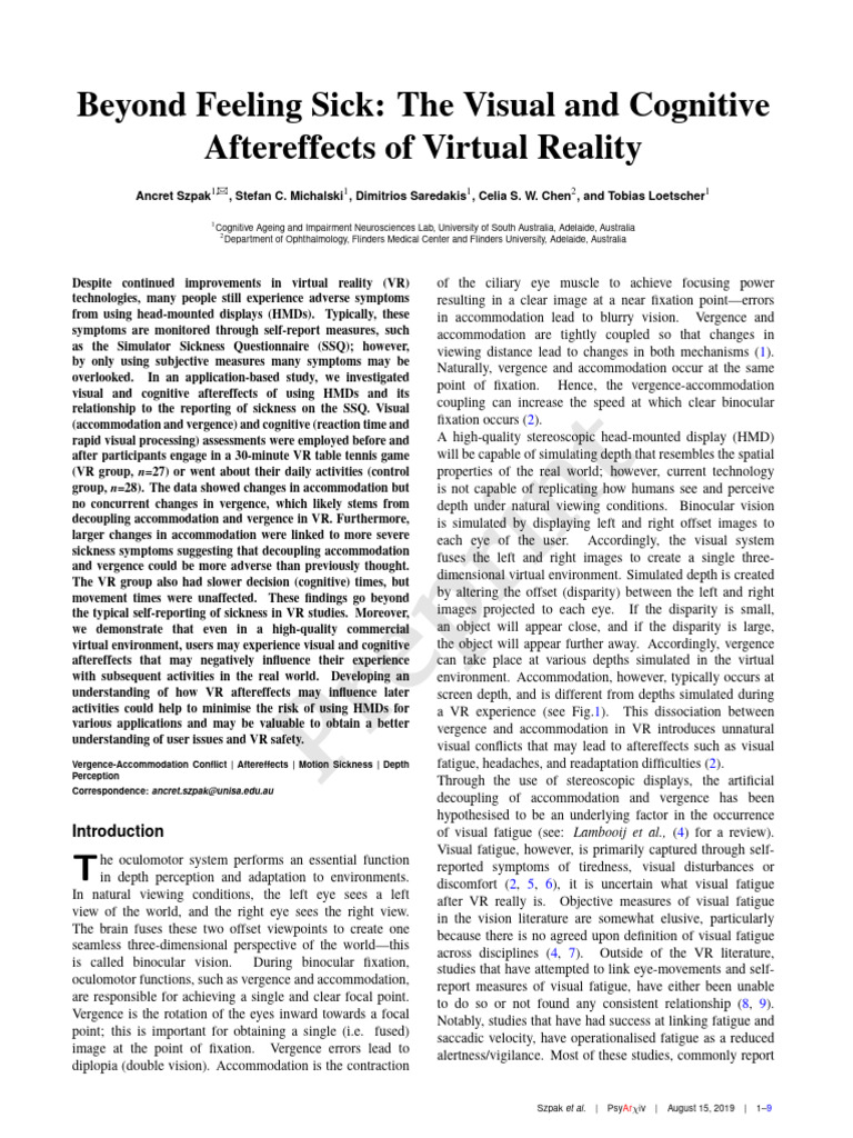 Preprint. Szpak Et Al., Beyond Feeling Sick - The Visual and Cognitive ...