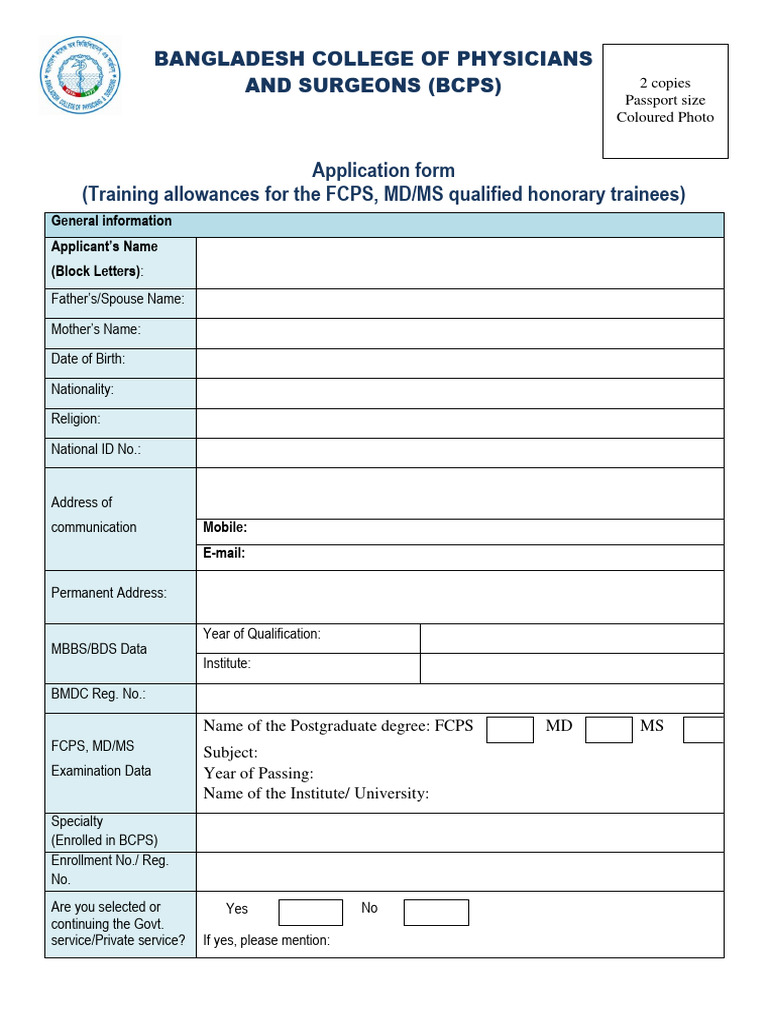 Application Form For Training Allowances (FCPS, MD, MS) | PDF | Doctor ...