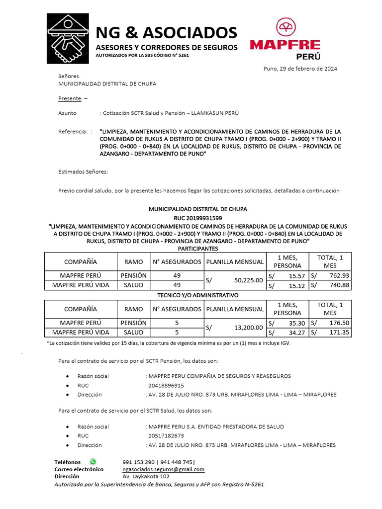 Cotización SCTR - Mapfre Perú - Muni de Chupa - Comunidad Rukus | PDF ...